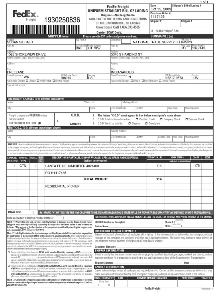 Pages From FedEx Freight Bill of Lading | PDF | Cargo | Freight Transport
