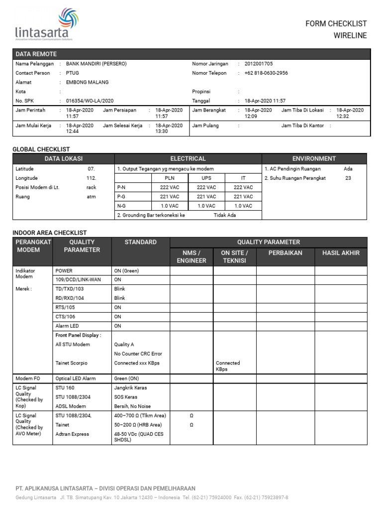 Data Remote: Form Checklist Wireline | PDF