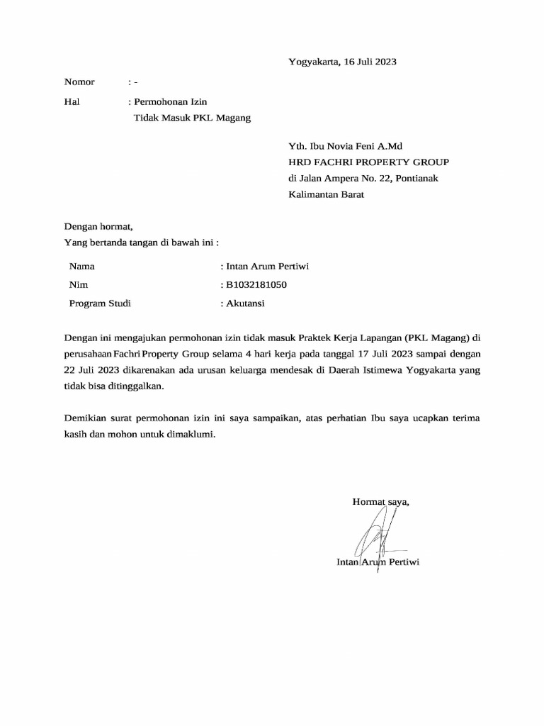 Surat Izin Tidak Masuk Magang Intan Arum Pertiwi | PDF