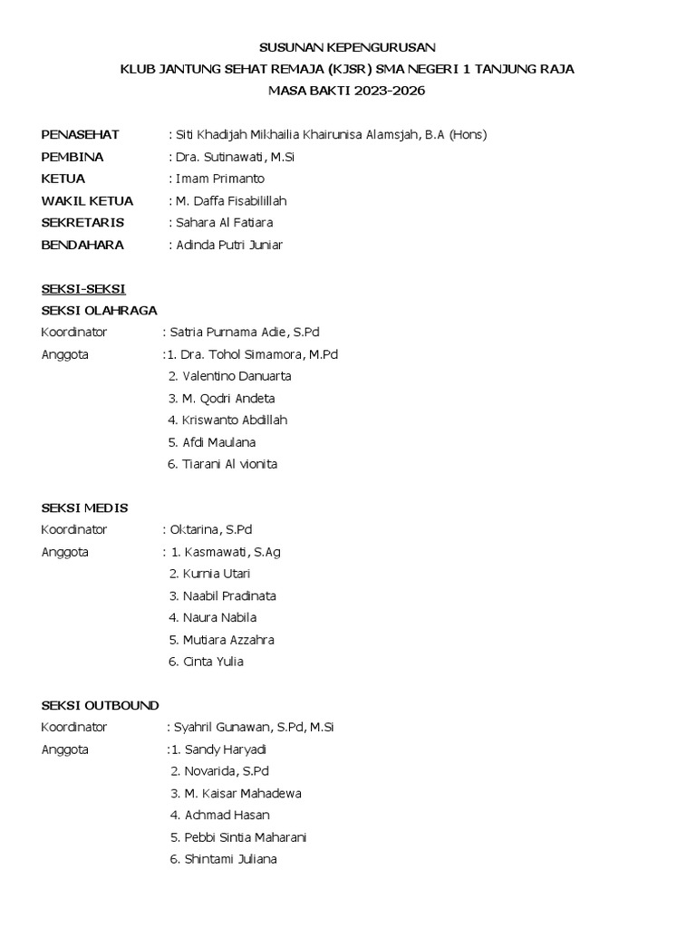 Susunan Kepengurusan Senam Jantung Sehat Sma 1 | PDF