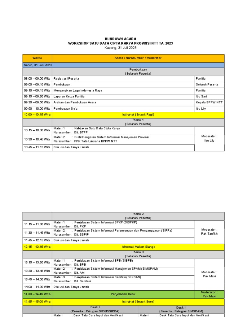 Rundown Acara Kegiatan Bimtek Satu Data Provinsi Nusa Tenggara Timur 2023 | PDF