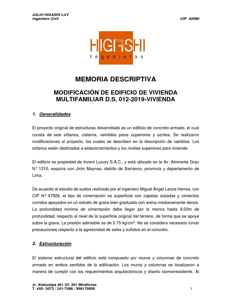 Memoria Descriptiva - Modificación de Edificio Multifamiliar D.S. | PDF | Viga (Estructura ...