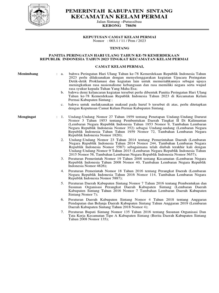 SK Panitia Hut Ri Ke-78 Kecamatan Kelam Permai - 230727 - 203421 | PDF SK Panitia Hut Ri Ke-78 Kecamatan Kelam Permai - 230727 - 203421 | PDF