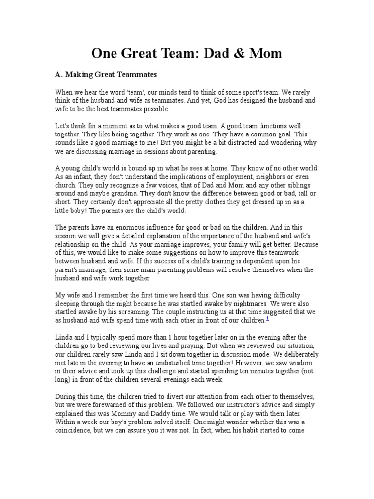 One Great Team: Dad & Mom: A. Making Great Teammates | PDF | Marriage ...