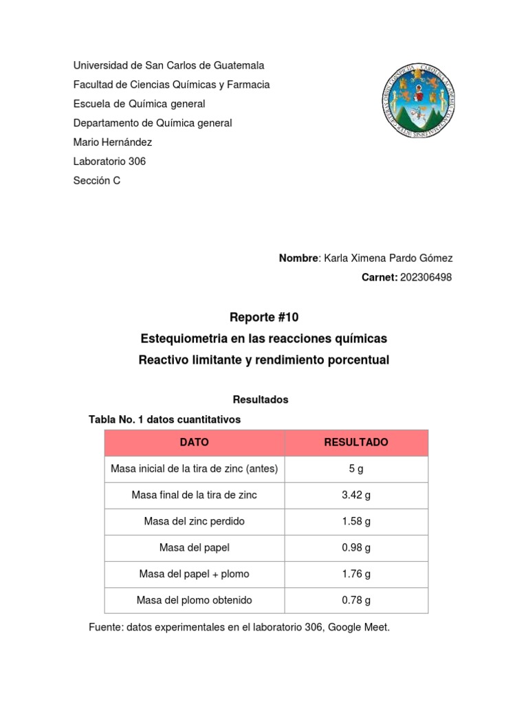 Reporte 10 Estequiometria en Las Reacciones Químicas Reactivo Limitante y Rendimiento Porcentual ...