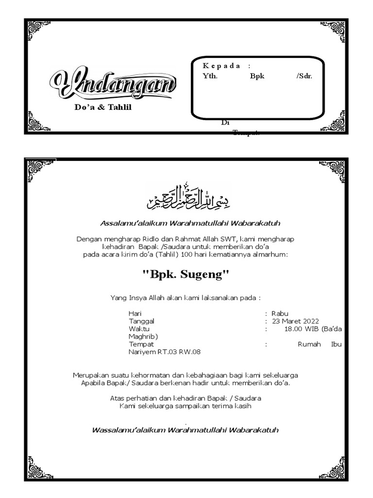 Undangan Tahlil 100 Hari | PDF