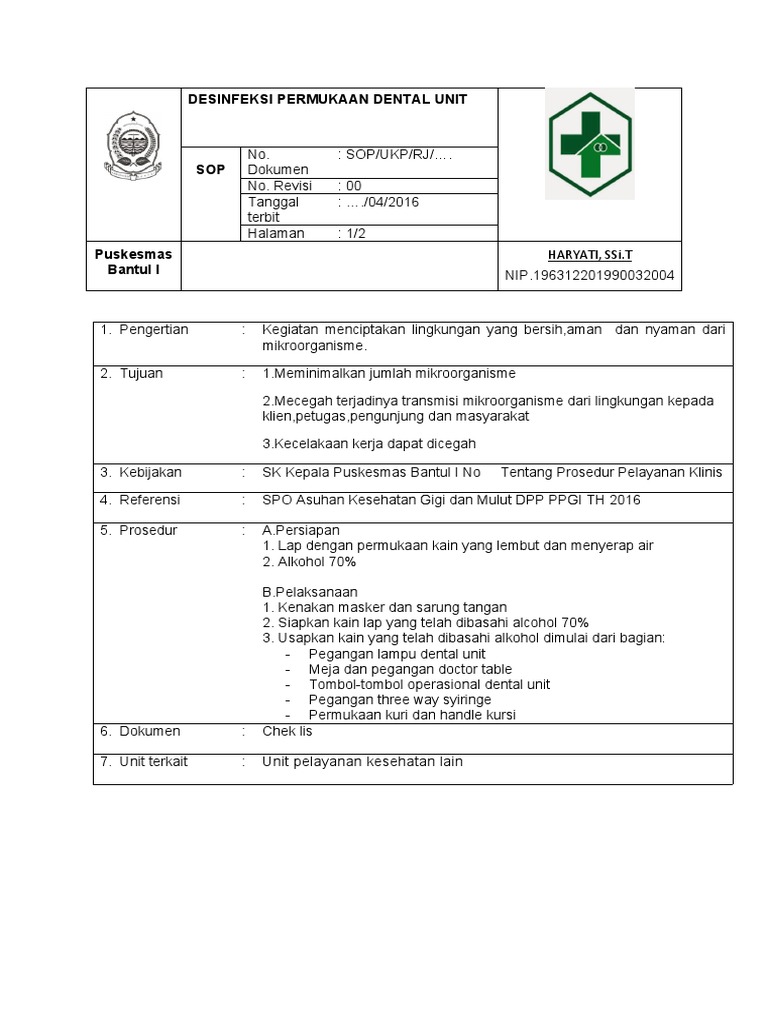 Sop prg9. Desinfeksi Dental Unit | PDF
