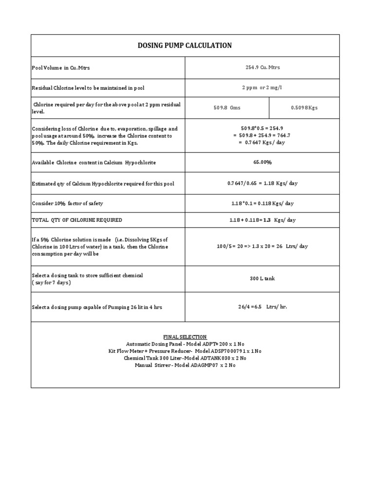 Chlorine Dosing Calculation for Pools | PDF