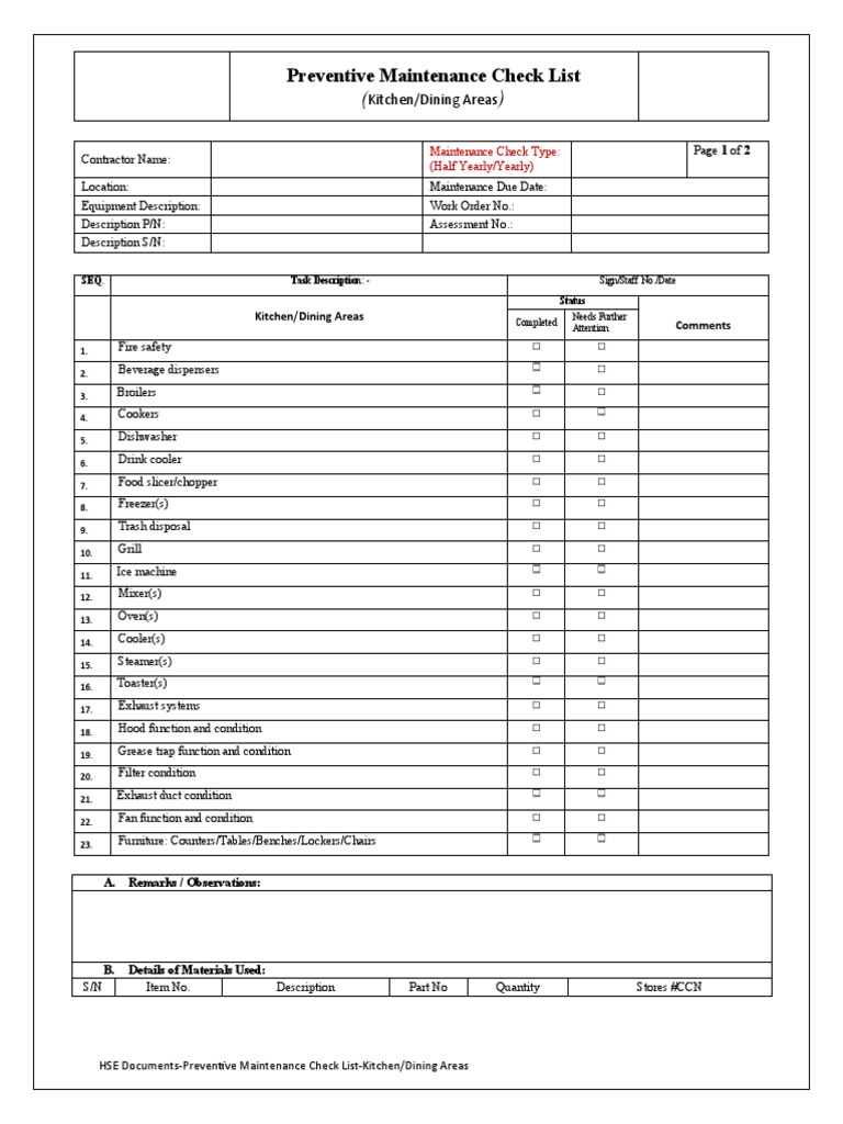 Kitchen & Dining Areas MEP Checklist | PDF