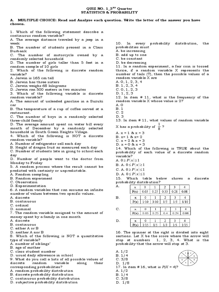 Statistics & Probability Quiz 1 | PDF | Probability Distribution | Variance