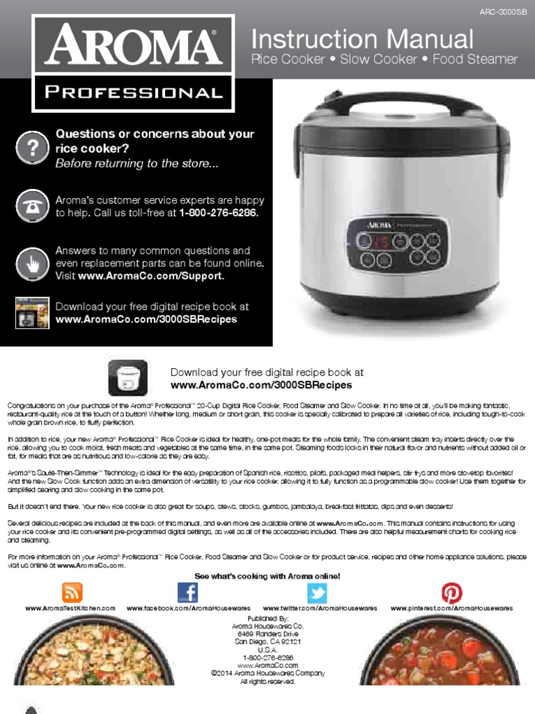 Aroma Arc 3000sb User Manual | PDF | Rice | Sautéing
