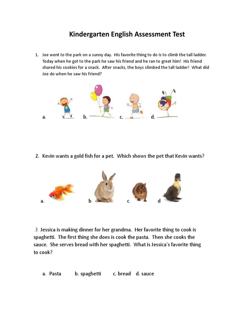 Kindergarten English Assessment Test - 2 | PDF