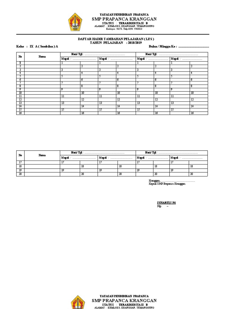 Daftar Hadir Les 2018-2019 | PDF