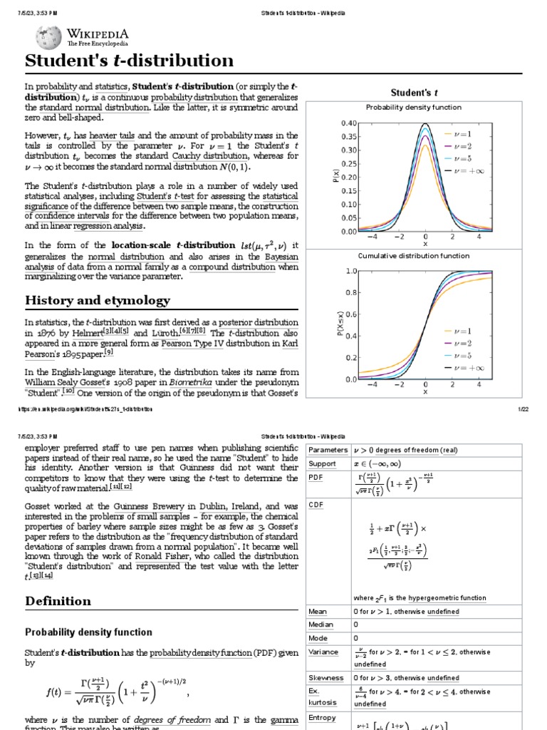 Student's T-Distribution - Wikipedia | PDF | Normal Distribution | Variance