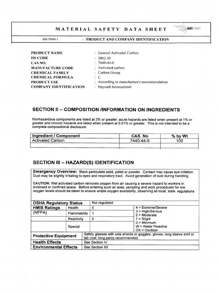 MSDS Activated Carbon | PDF