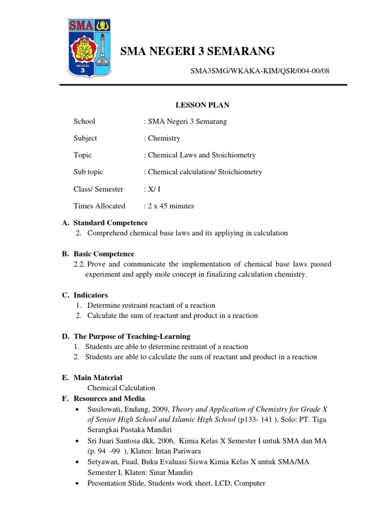 Chemistry Lesson Plan: Stoichiometry Basics | PDF | Zinc | Mole (Unit)