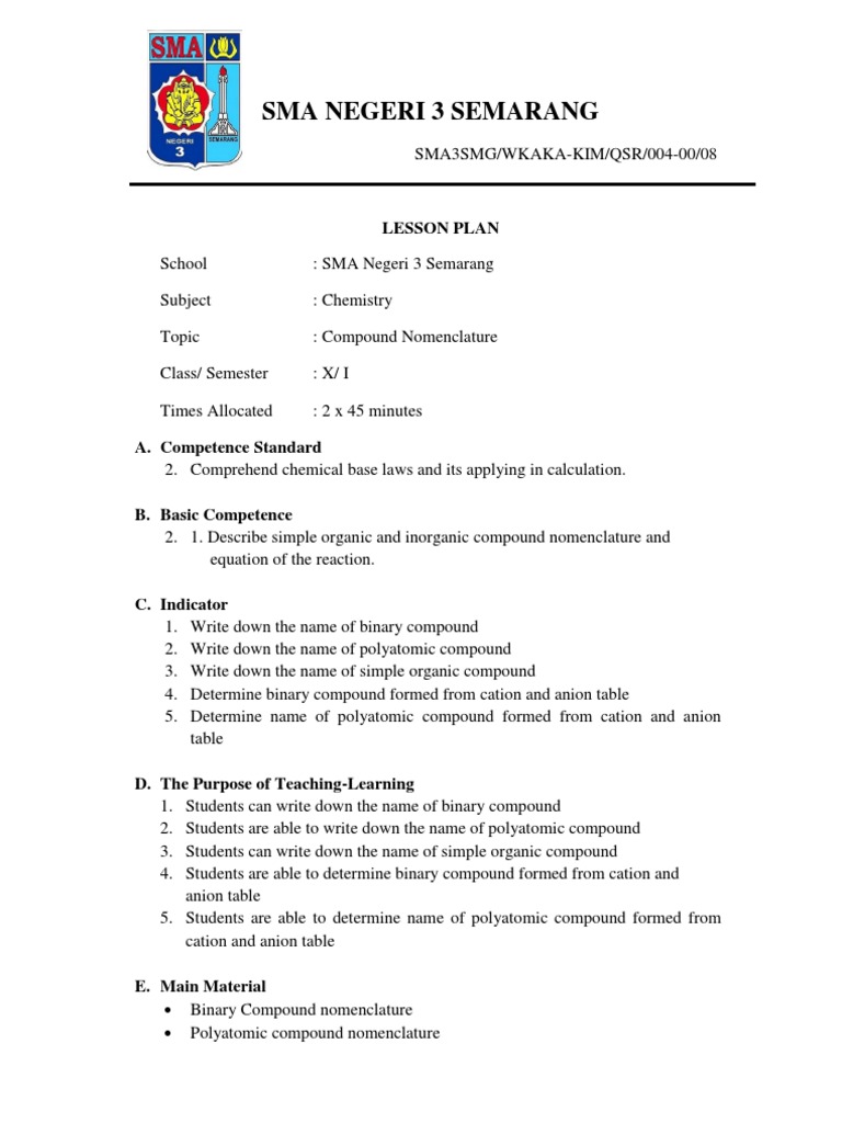 Chemistry Lesson Plan: Compound Nomenclature | PDF | Ion | Chloride