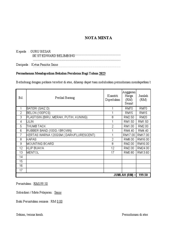 Nota Minta Panitia Sains 2023 | PDF