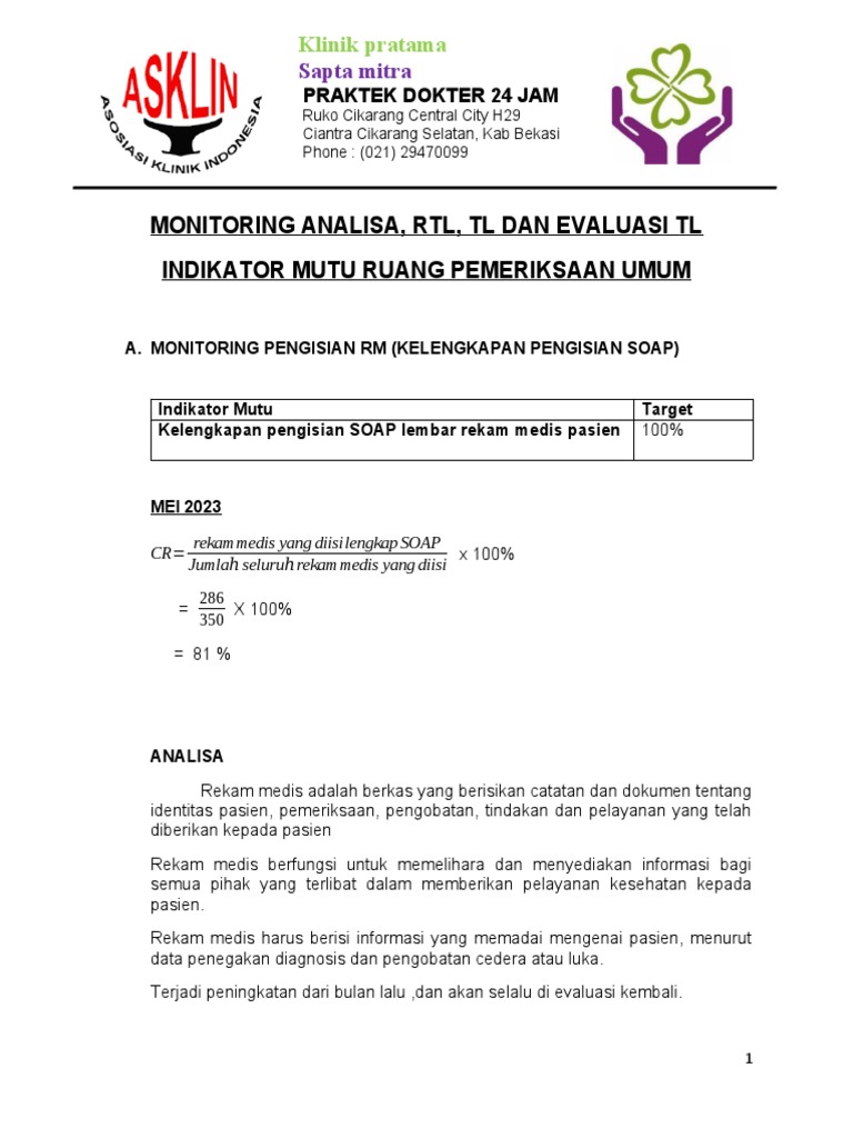 Monitoring Analisa, RTL, TL Dan Evaluasi Ruang Periksa Umum Mei 2023 | PDF