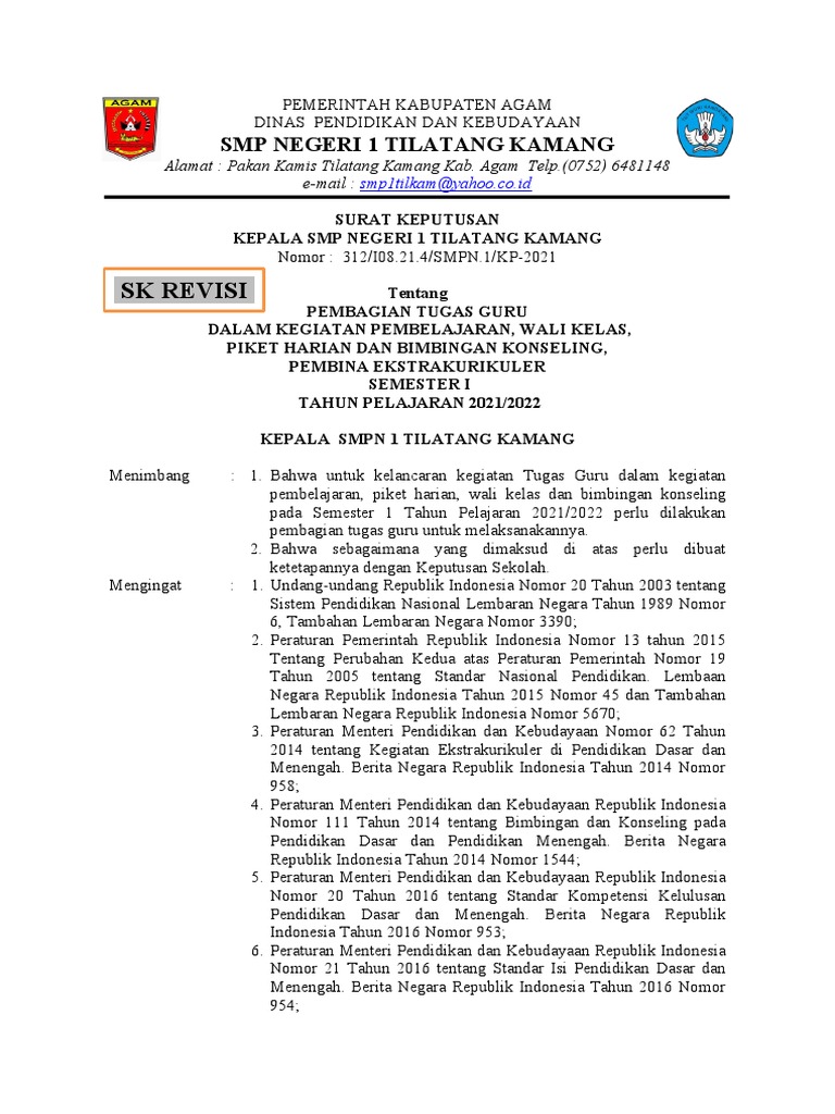 SK Pembagian Tugas Guru 2021.22 REVISI | PDF