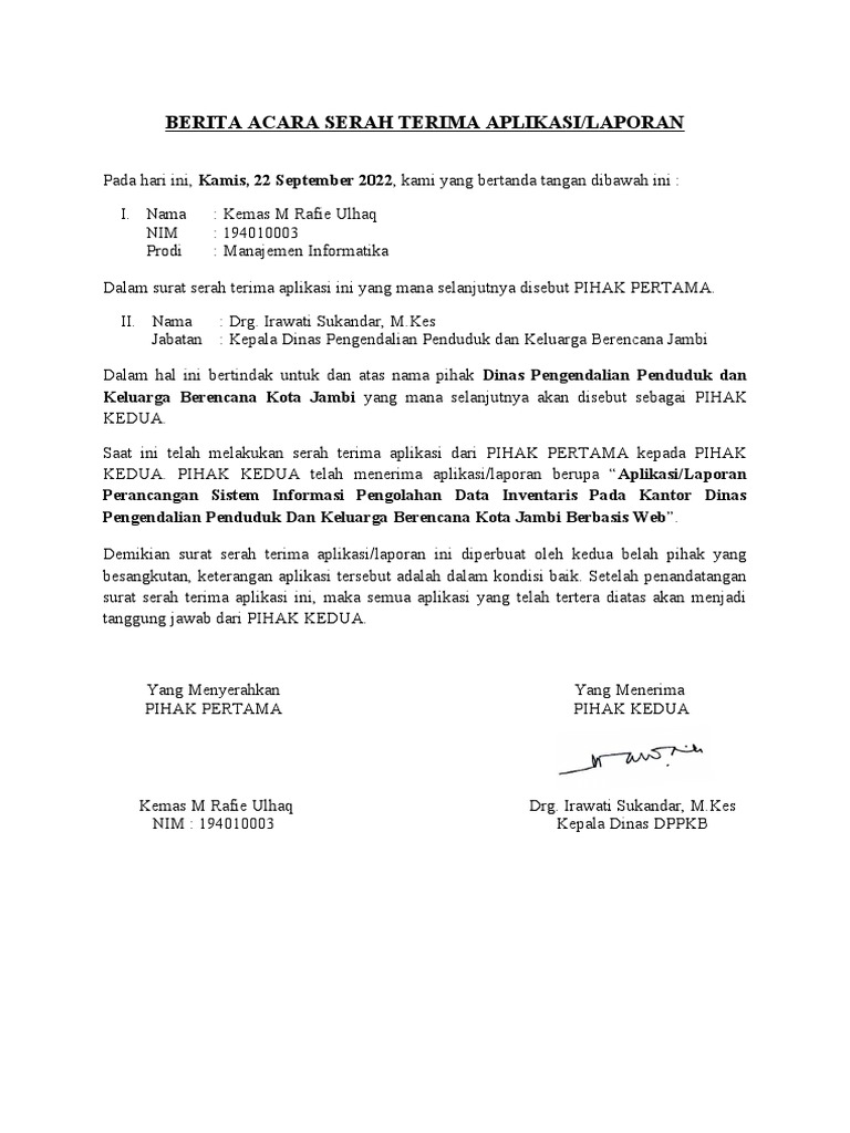 Berita Acara Serah Terima Aplikasi | PDF