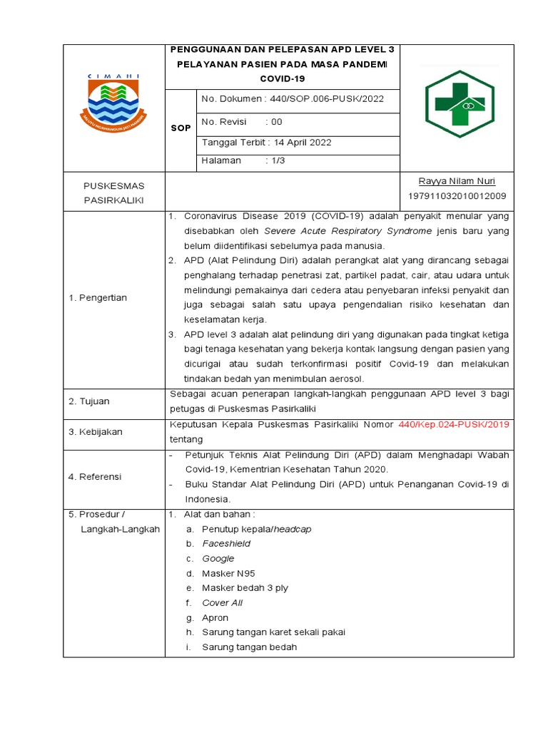 SOP PPI 2.1 Penggunaan Dan Pelepasan APD Level 3 - PKM Pasirkaliki | PDF