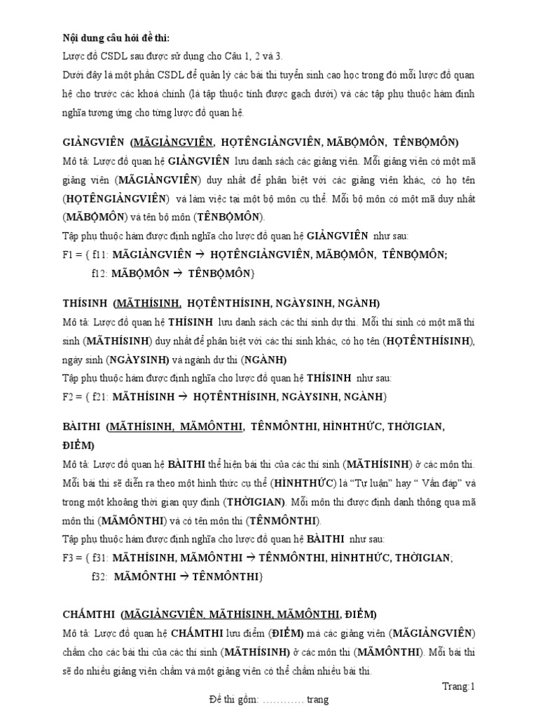 Đề thi CK CSDL 2 | PDF