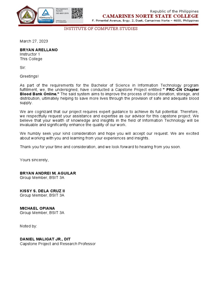 Letter To Adviser Capstone | PDF