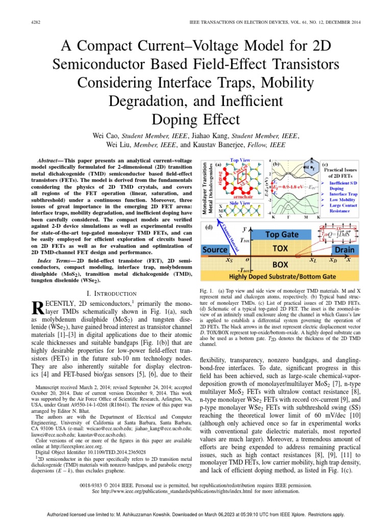 A Compact CurrentVoltage Model For 2D Semiconductor Based Field-Effect ...