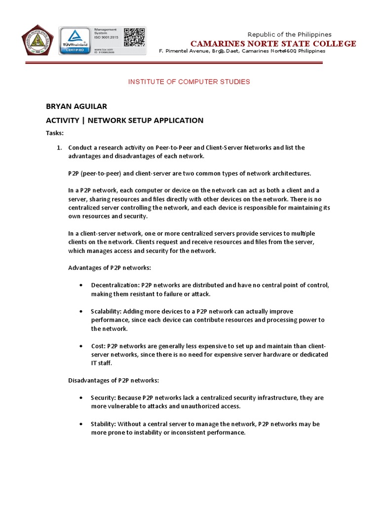 Network Setup Activity Pdf Clientserver Model Peer To Peer 