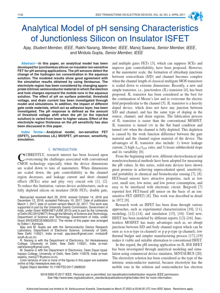 Analytical Model of PH Sensing Characteristics of Junctionless Silicon On Insulator ISFET | PDF