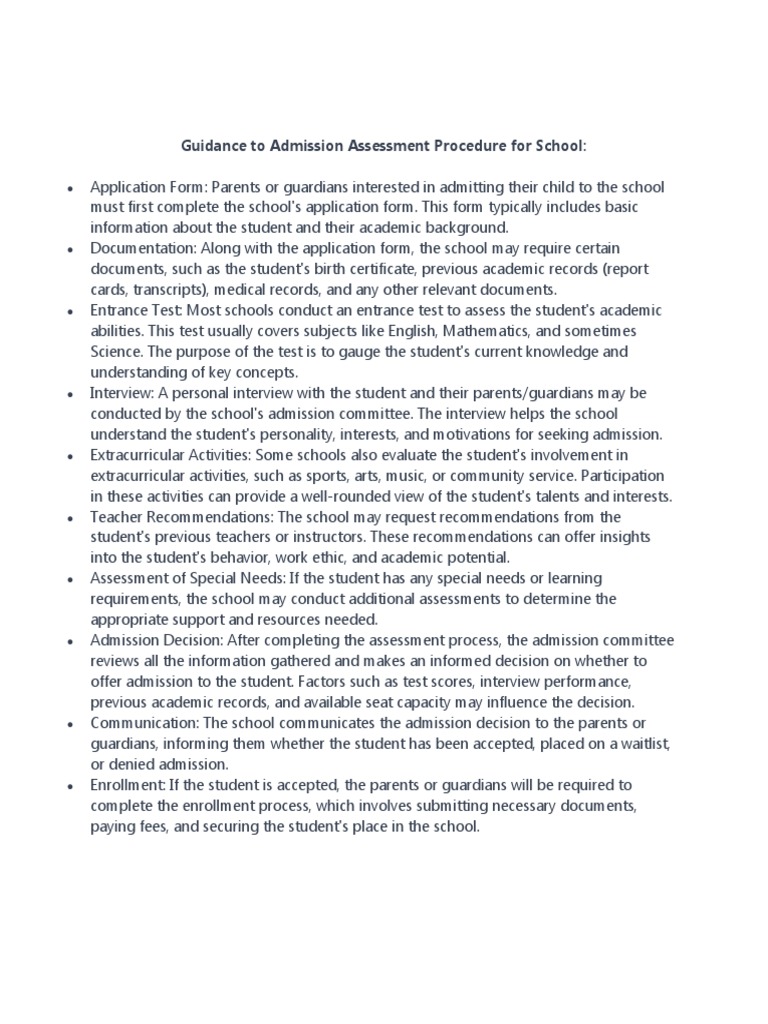 Admission Assessment Procedure For School | PDF | University And ...