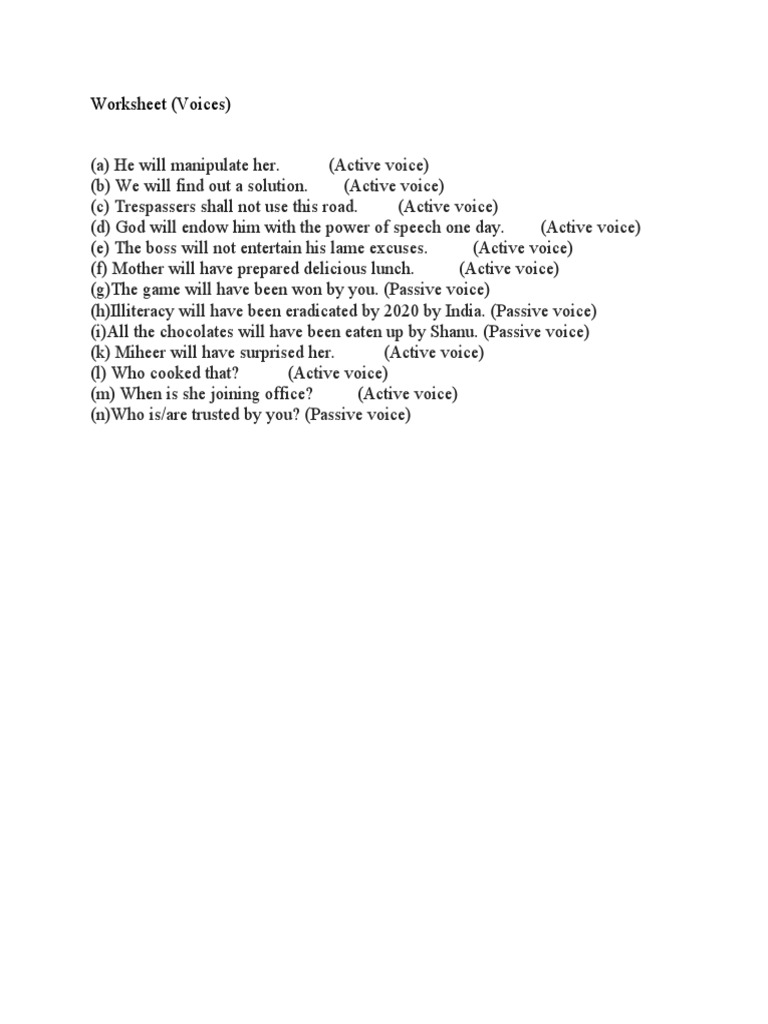 Active and Passive Voice Worksheet | PDF