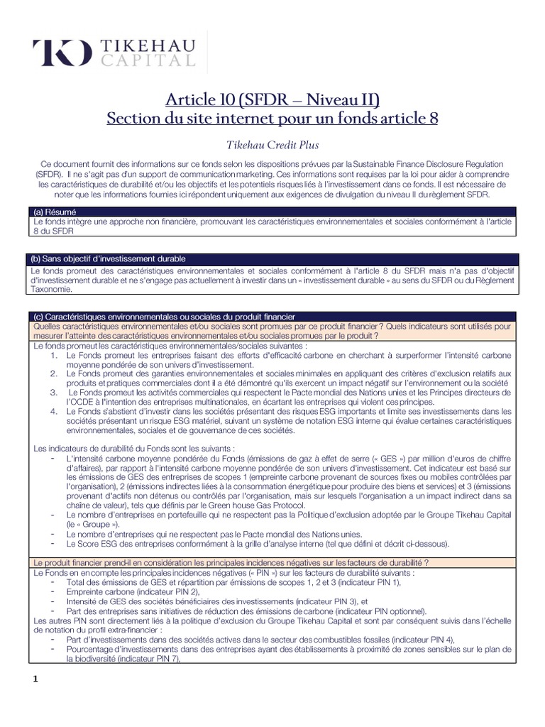 SFDR Article 10 Website Disclosure - Tikehau Credit Plus - FR | PDF
