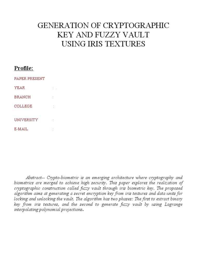 Generation of Cryptographic Key and Fuzzy Vault | PDF | Key (Cryptography) | Cryptography
