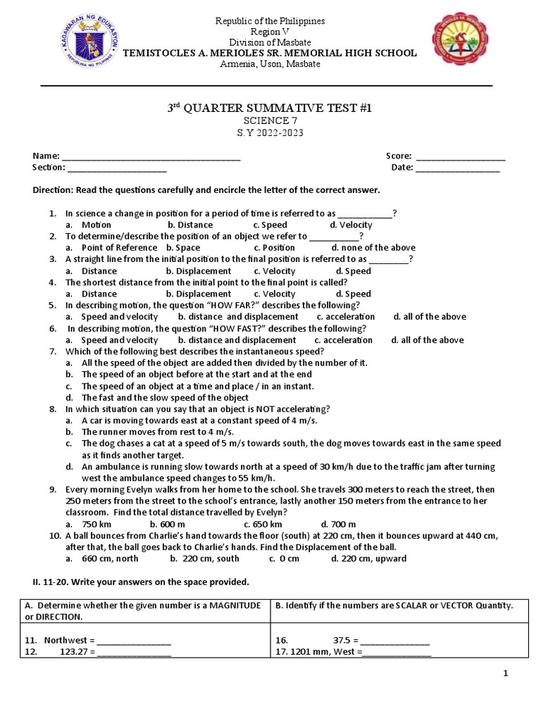 Science 7 3rd Quarter Summative Test | PDF | Speed | Velocity