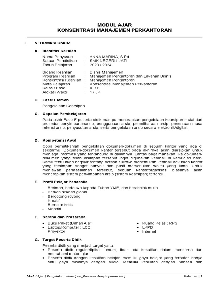 Modul Ajar - Kearsipan | PDF