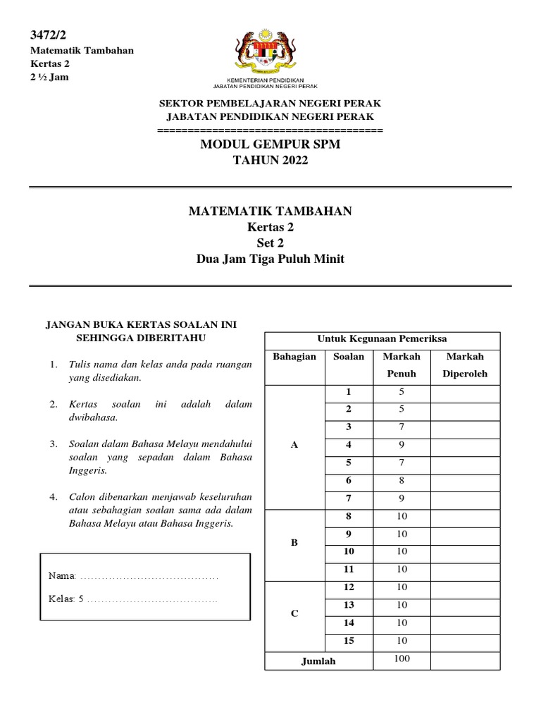 2022 Perak Add - Maths K2 Set - 2 | PDF