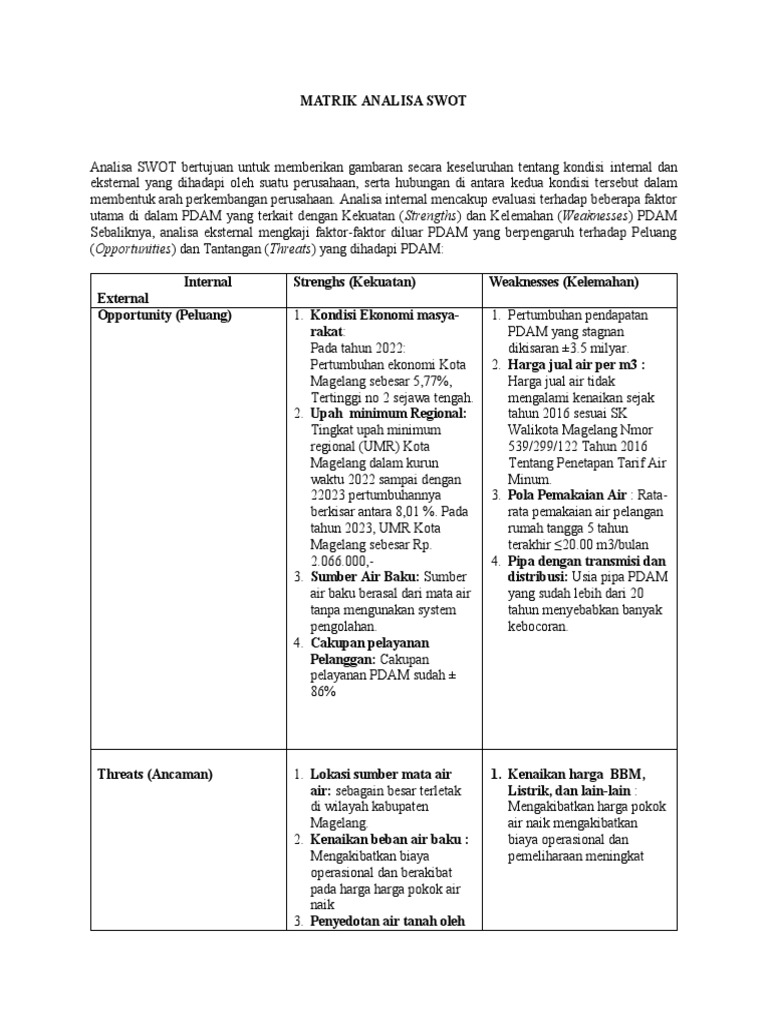 Matriks Analisis SWOT PDAM Magelang | PDF