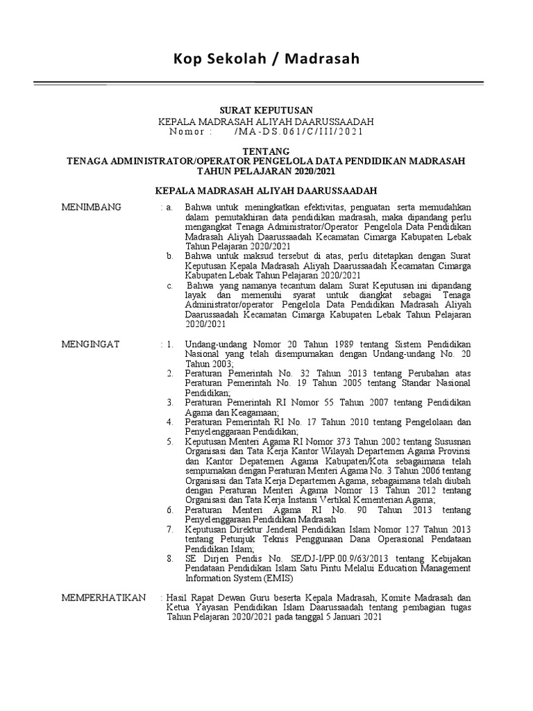 Contoh SK Operator Madrasah | PDF