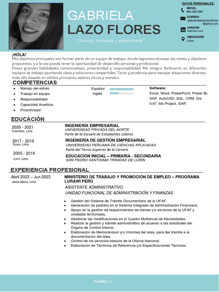 CV Gabriela Lazo Flores (2) - 1-5 | PDF | Lima | Logística