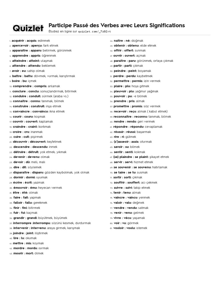 Participe Passé Des Verbes Liste Quizlet | PDF