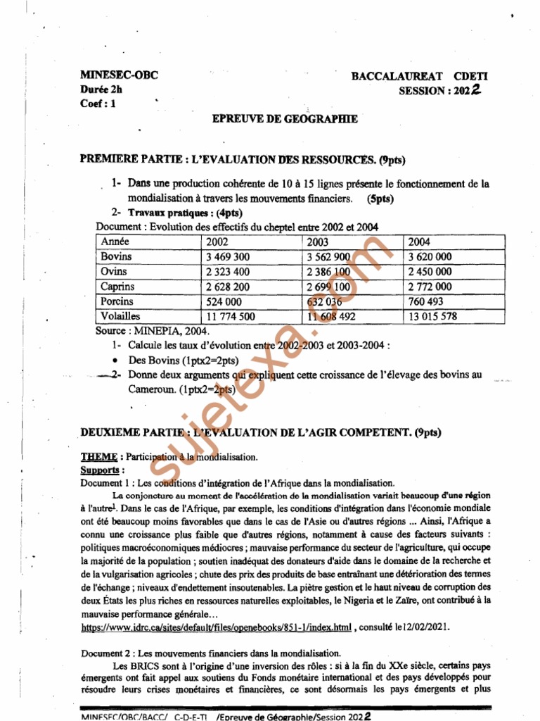 Epreuve Bac 2022 Geographie Série C D e Ti Cameroun | PDF