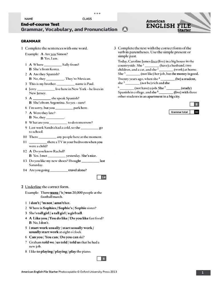 Aef 1st End Of Course Test Starter Pdf
