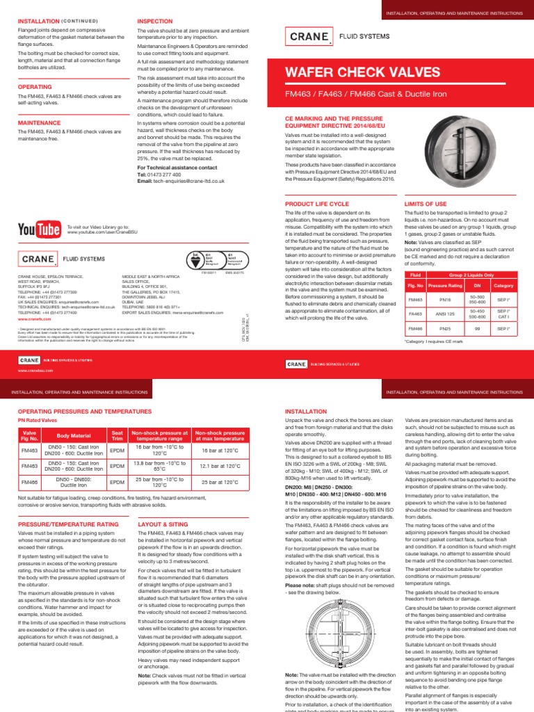 Crane FS FM463 FA463 FM466 Wafer Check Valves IOM 1020 | PDF | Valve | Pipe (Fluid Conveyance)