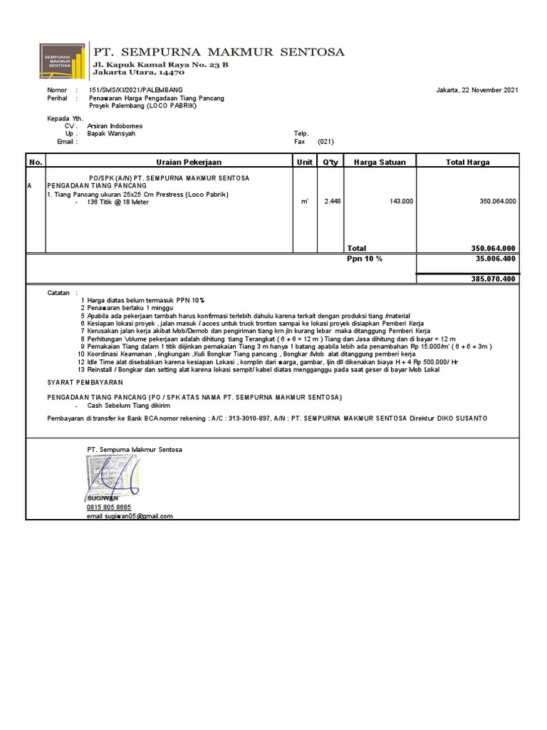 151 SPH Proyek Palembang Loco Bapak Wansyah Cv. Arsiran-1 | PDF