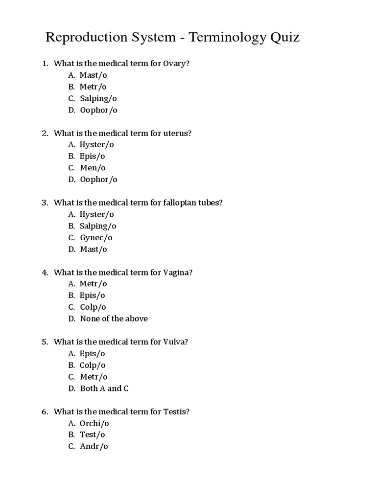 Reproductive System Terminology Quiz | PDF | Vagina | Uterus