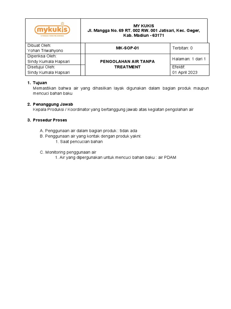 SOP-01-Pengolahan Air Tanpa Treatment | PDF