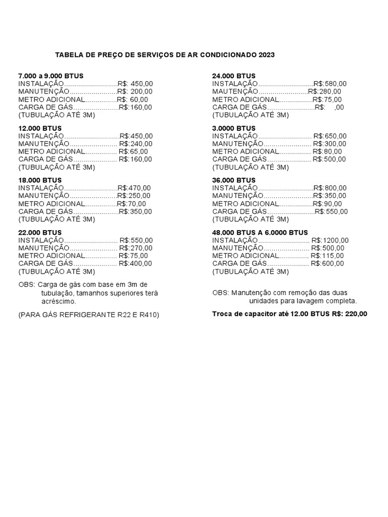 Tabela de Preço de Serviços de Ar Condicionado 2023 | PDF