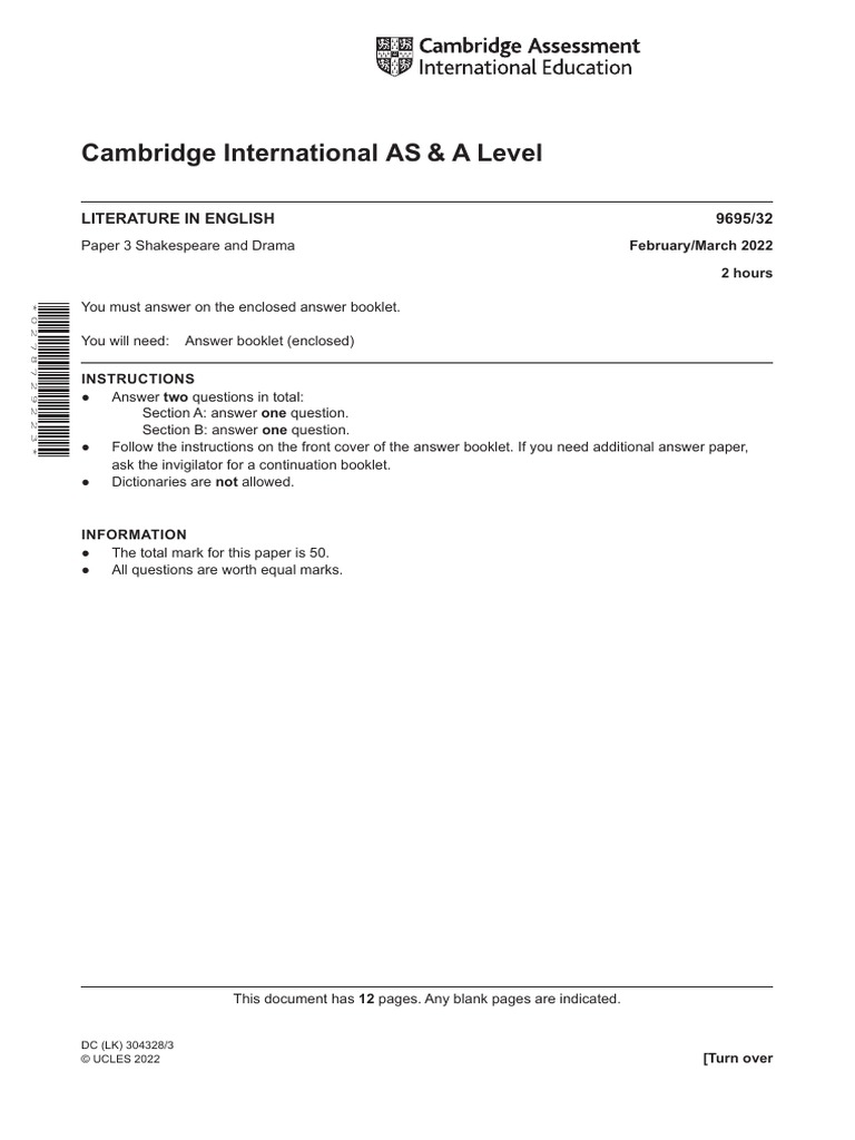 Cambridge International AS & A Level: Literature in English 9695/32 ...